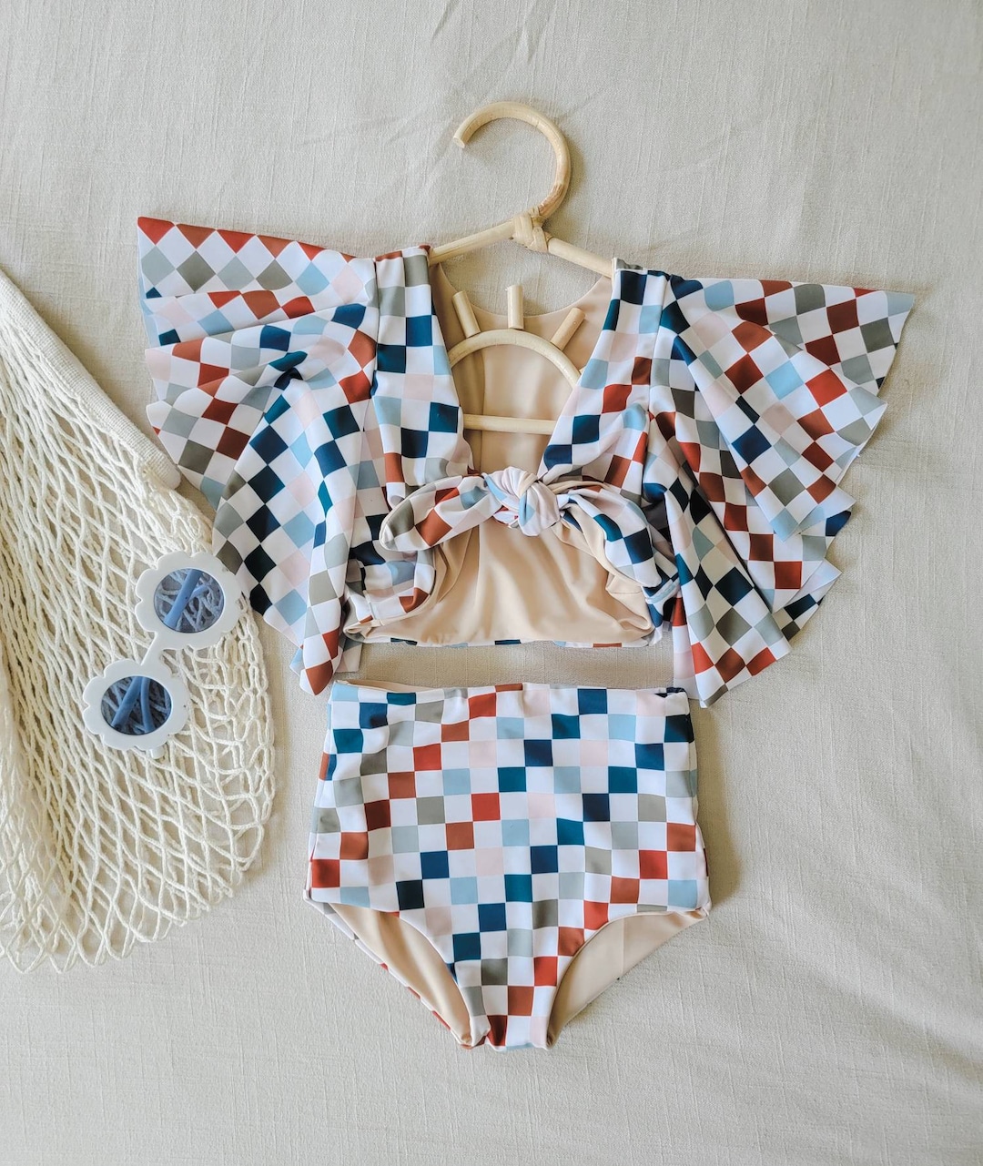 Bathing Suit Vintage Checkered Print Swimsuit Baby Girl Bikini Set High ...