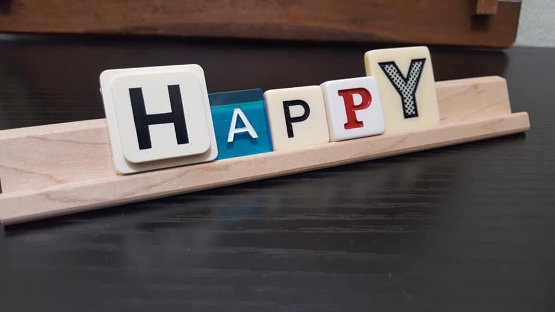 Happy Colorful Wood & Plastic Letter Tiles Mounted on Wooden Scrabble ...