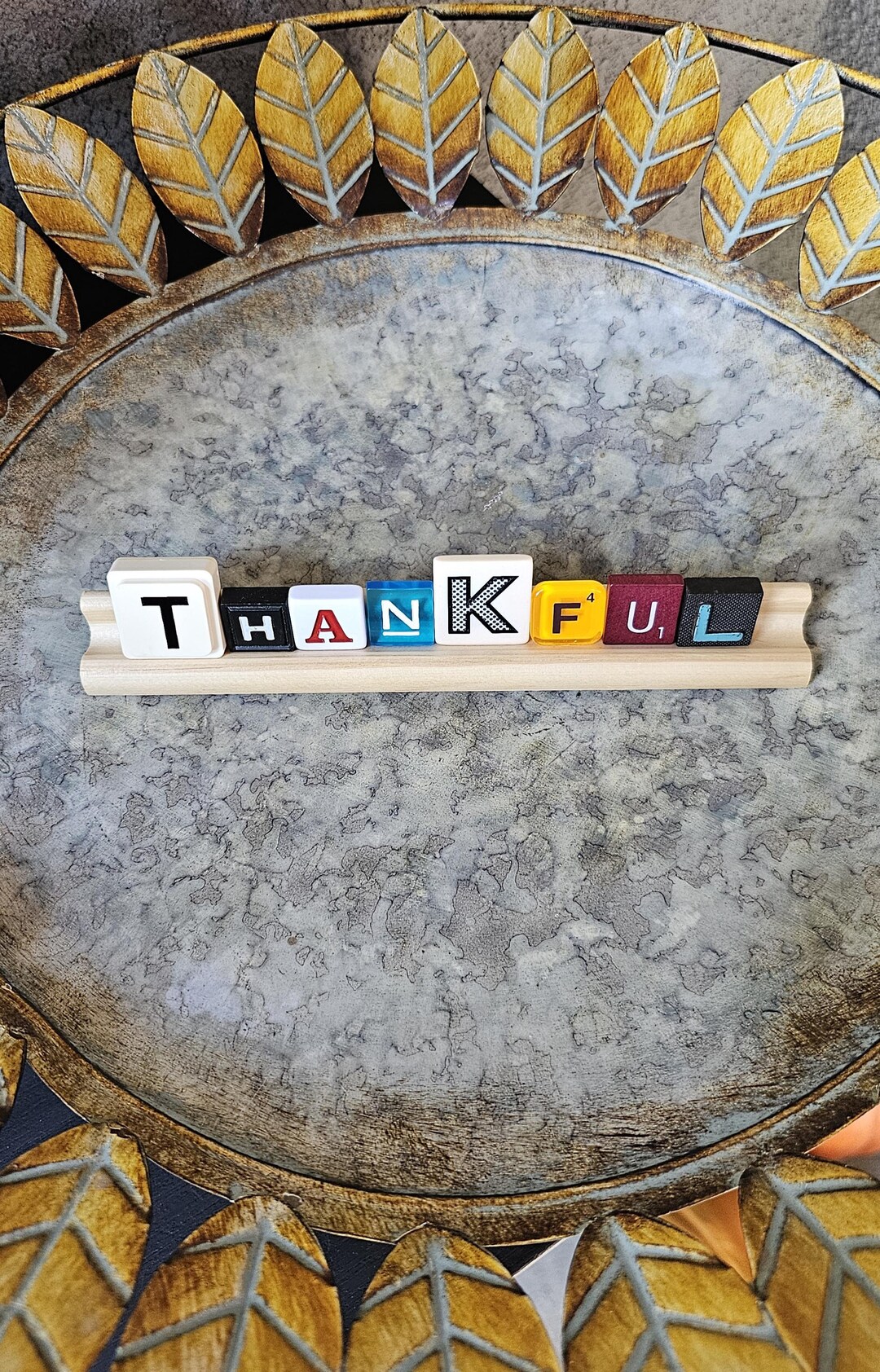 Thankful Colorful Wood & Plastic Letter Tiles Mounted on Wooden ...