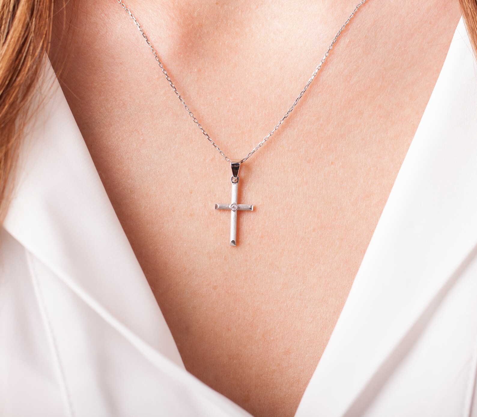 14K Solid Gold Cross Necklace Diamond Cross Pendant for Women | Etsy