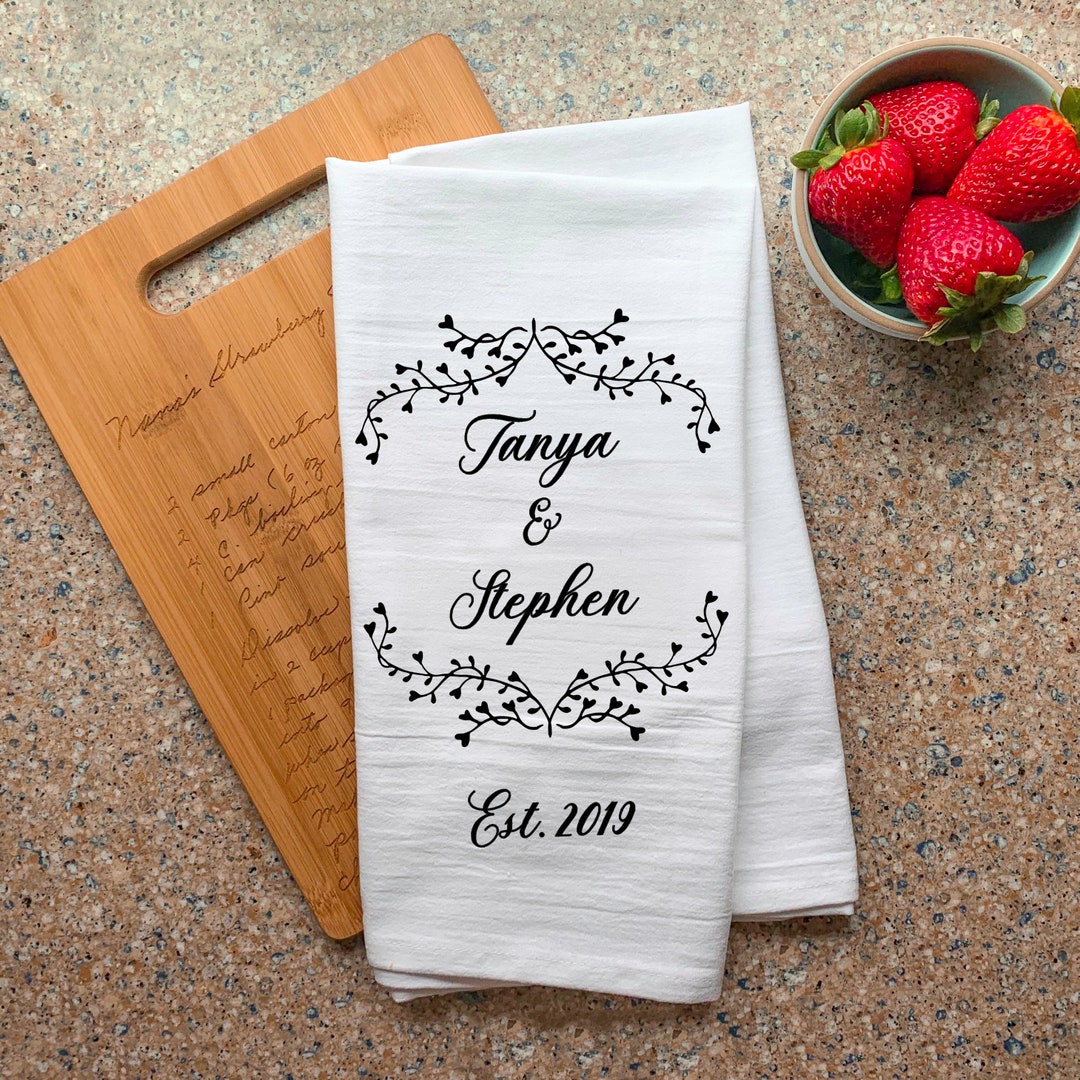 Custom Kitchen Towels, Personalized With Floral Wreath, Names and Year ...