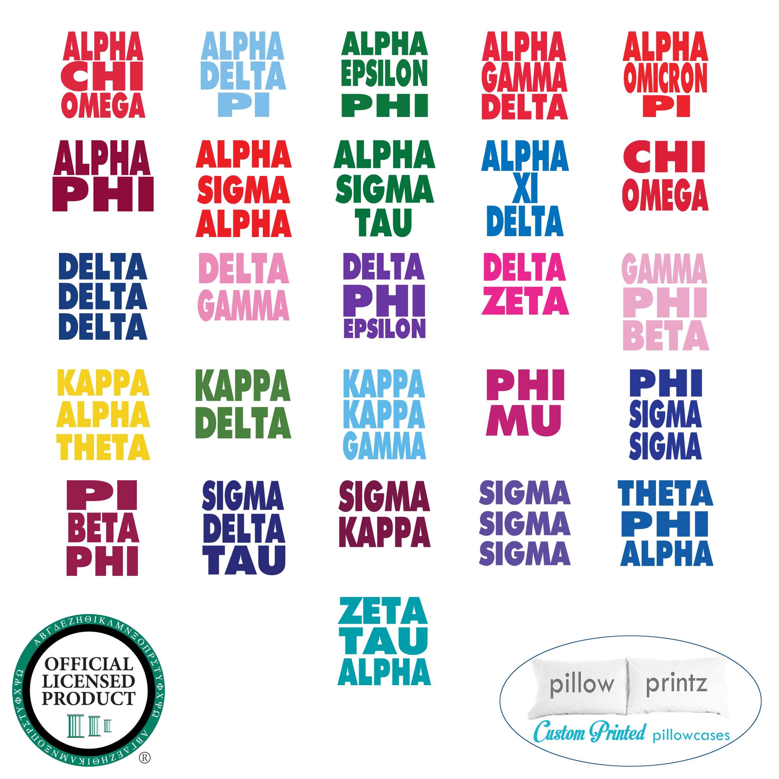 Sorority Name Printed In Sorority Color Pillowcases Zeta Tau Etsy 