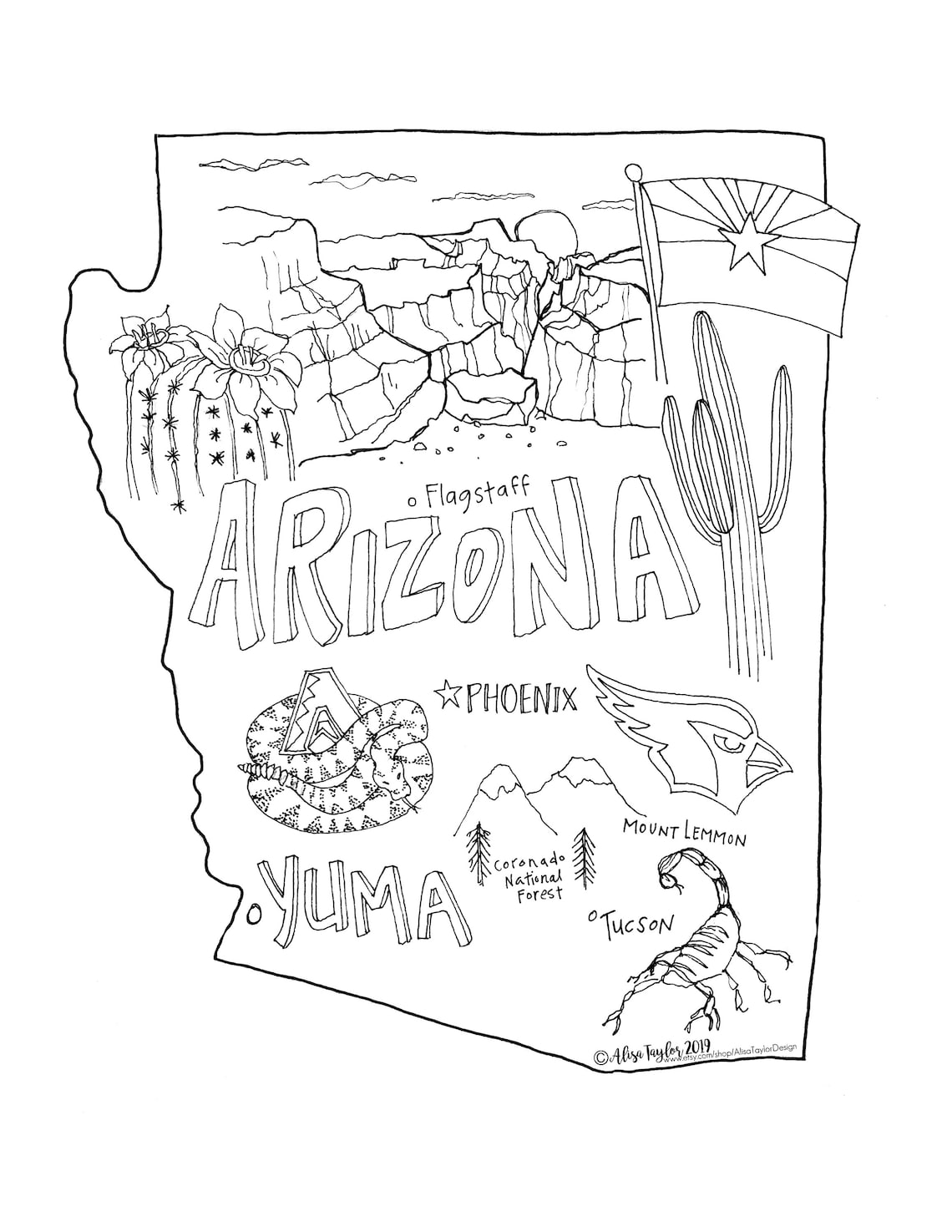 Arizona State Map Coloring Page (PDF Download) - Etsy