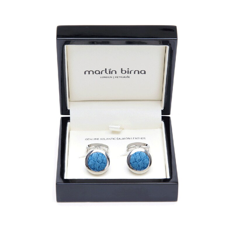 Genuine Atlantic Salmon Leather Light Blue Cufflinks, Stainless Steel ...