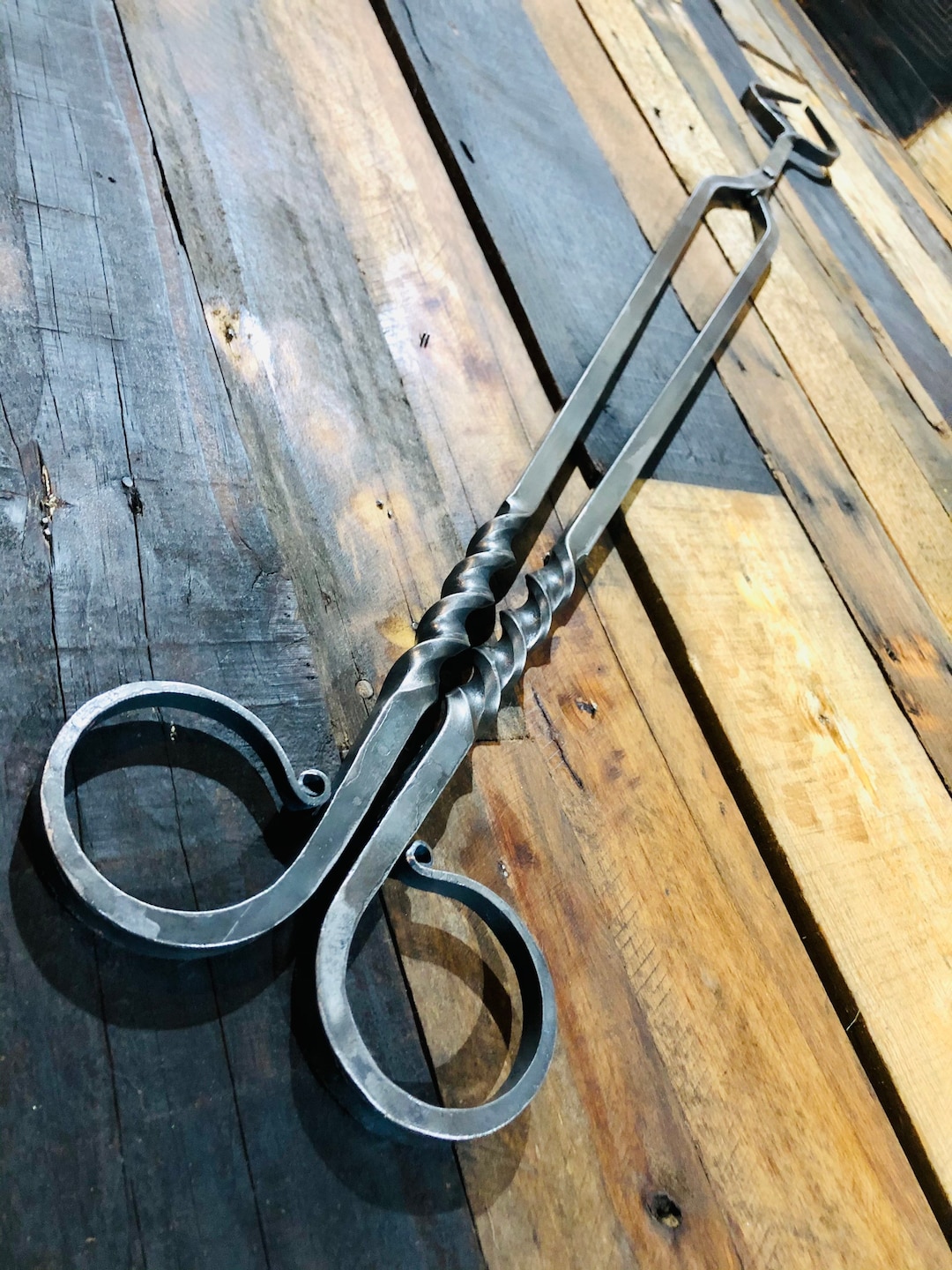 Hand Forged Log Tongs: Fire Pit Tool, Twisted Handle - Etsy