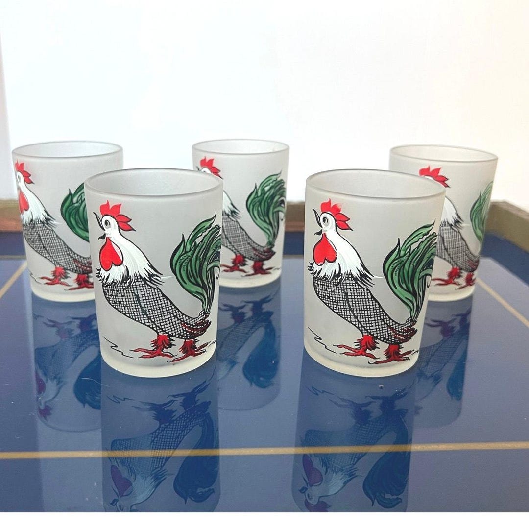 Mid Century Modern, Frosted Rooster, Small Glasses, Barware, Kitchen ...