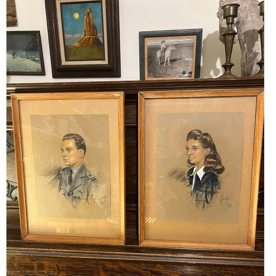 Vintage Original Portrait Drawings Pictures Wall Art, Husband Wife 40s ...