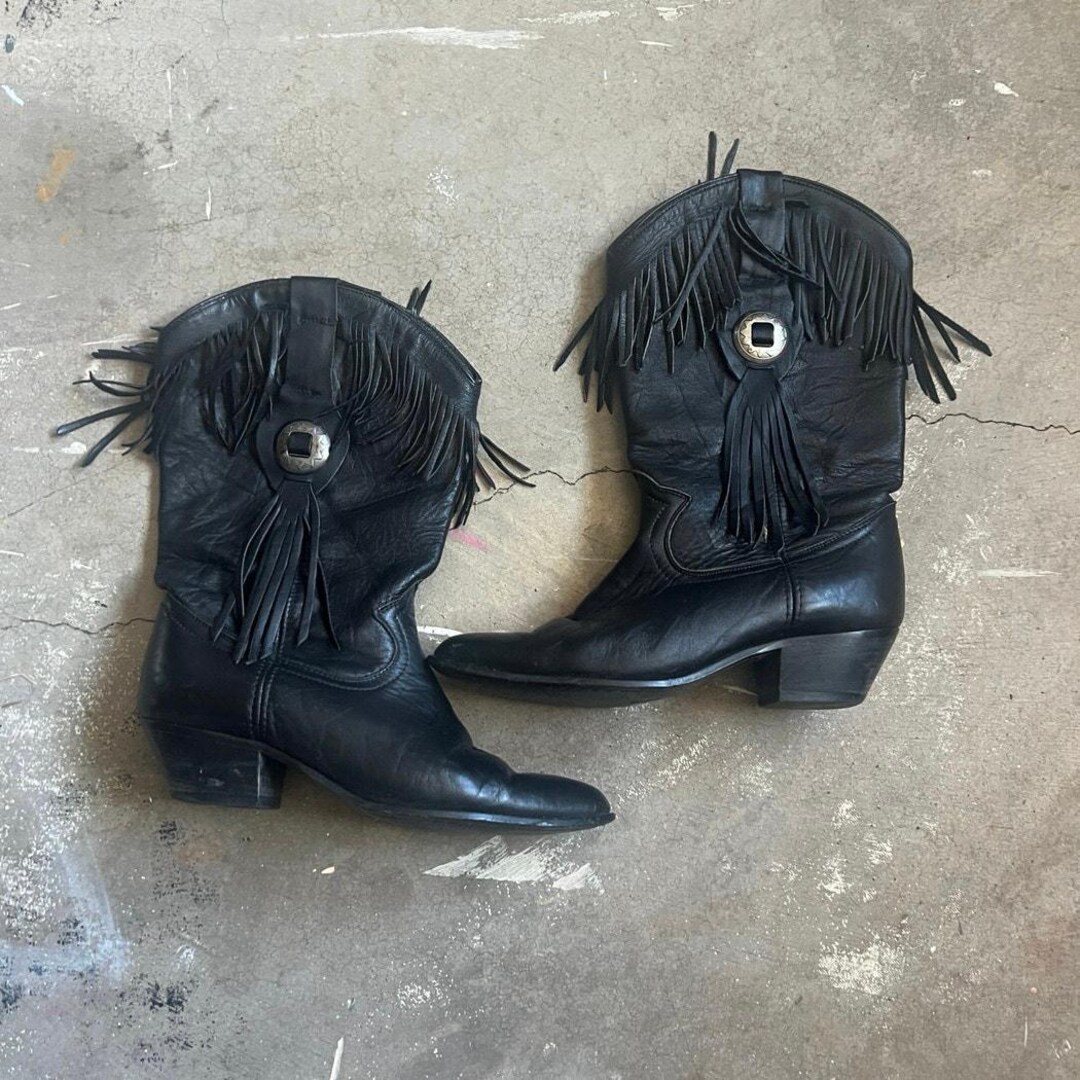 Vintage Boots Black 1980s Heeled Western Leather Acme Size Fringe - Etsy