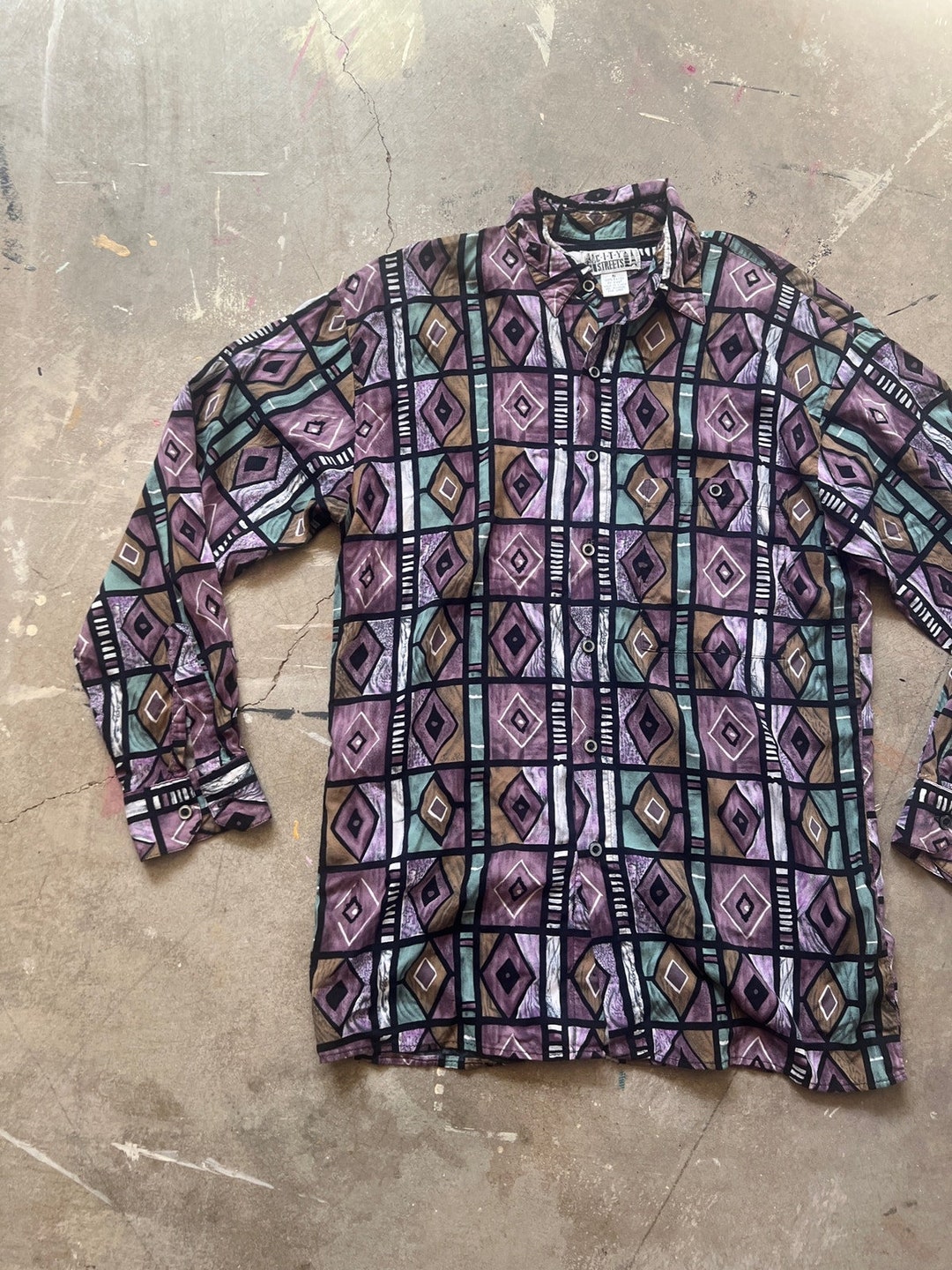 City Streets Retro Print 1980s Button up Long Sleeve, Wild, Geometric ...