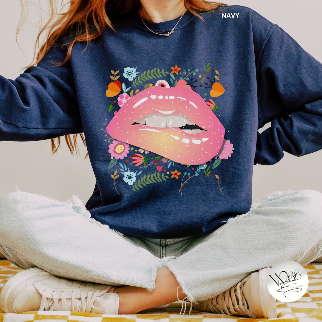 Glossy Lips Flower Sweatshirt, Comfort Color Sweatshirt, Cottage Core ...