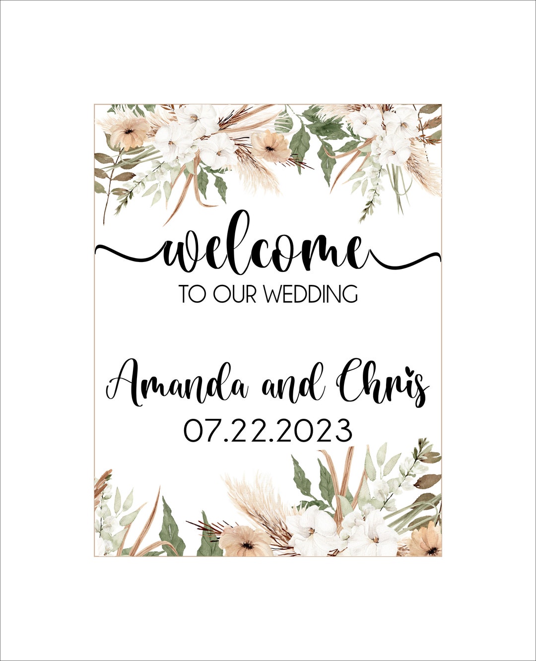Welcome to Our Wedding Sign, AVA, Pampas Grass, Boho Floral, Custom ...
