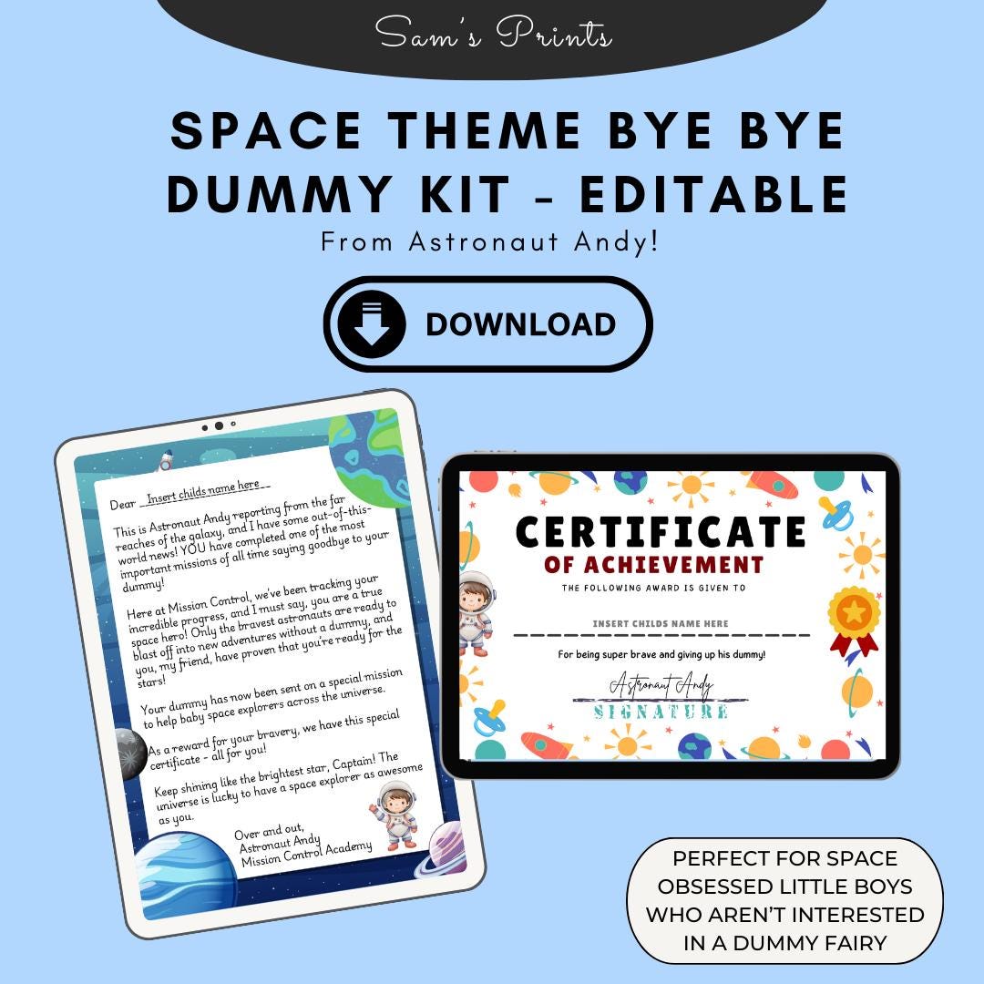 Bye Bye Dummy Certificate & Letter From Astronaut Andy | Space Theme ...