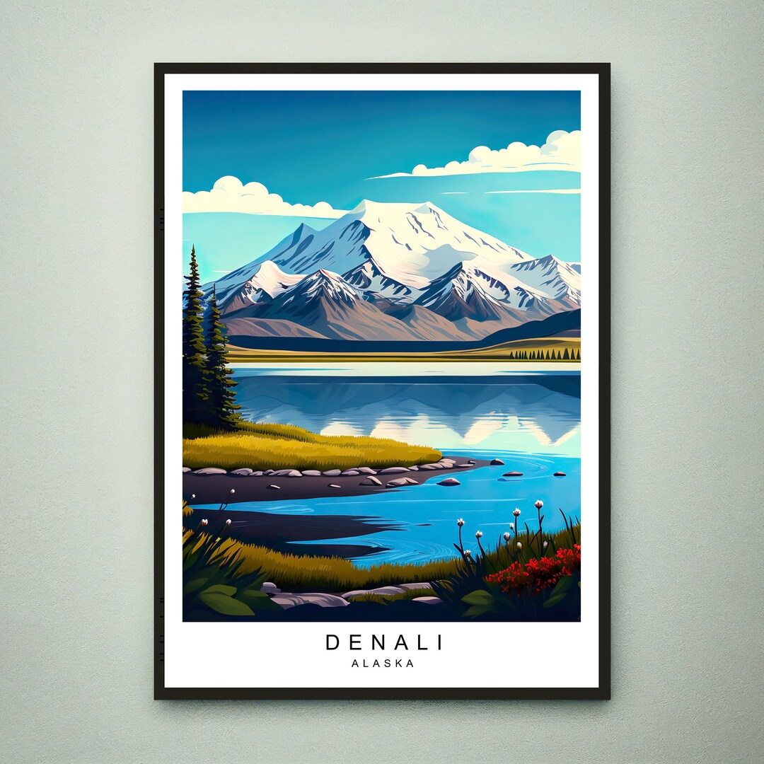 Denali Illustration Print Mountain Denali Alaksa USA Travel Poster Gift ...