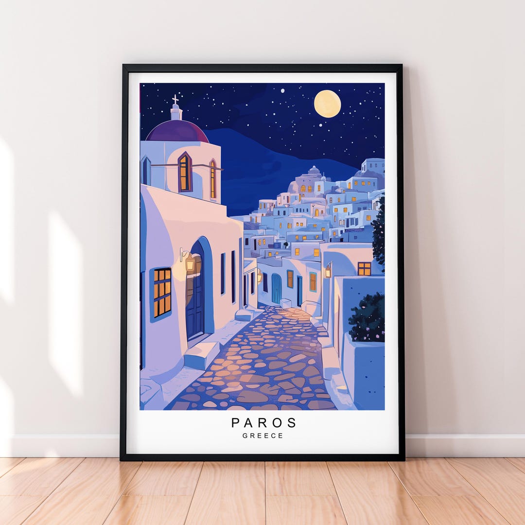 Paros Night Travel Print Art Illustration Paros Greece Poster Wall Art ...