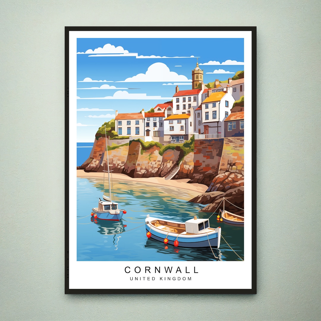 Cornwall Travel Print Cornwall Port Beach Illustration Art Poster Gift ...