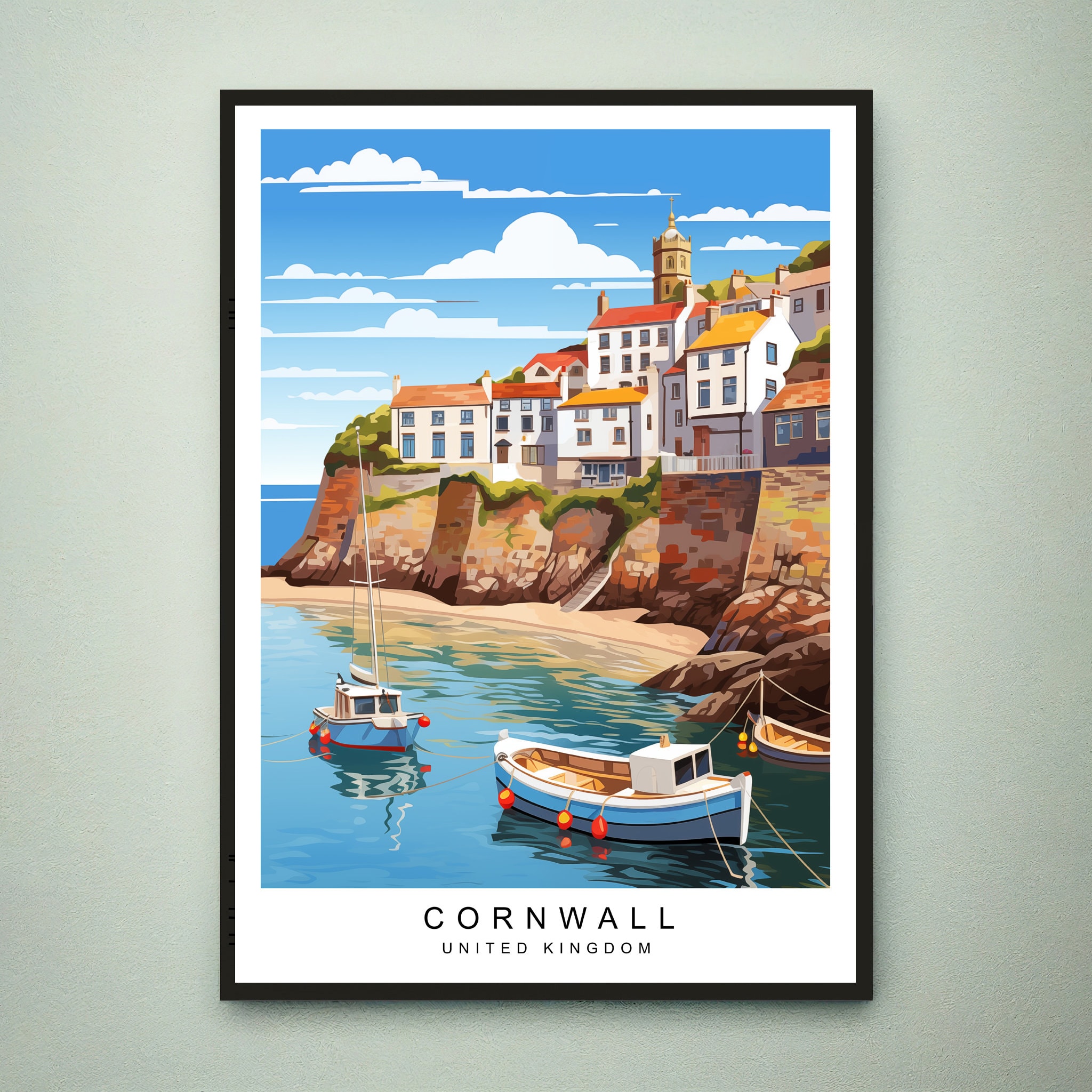 Cornwall Travel Print Cornwall Port Beach Illustration Art Poster Gift ...