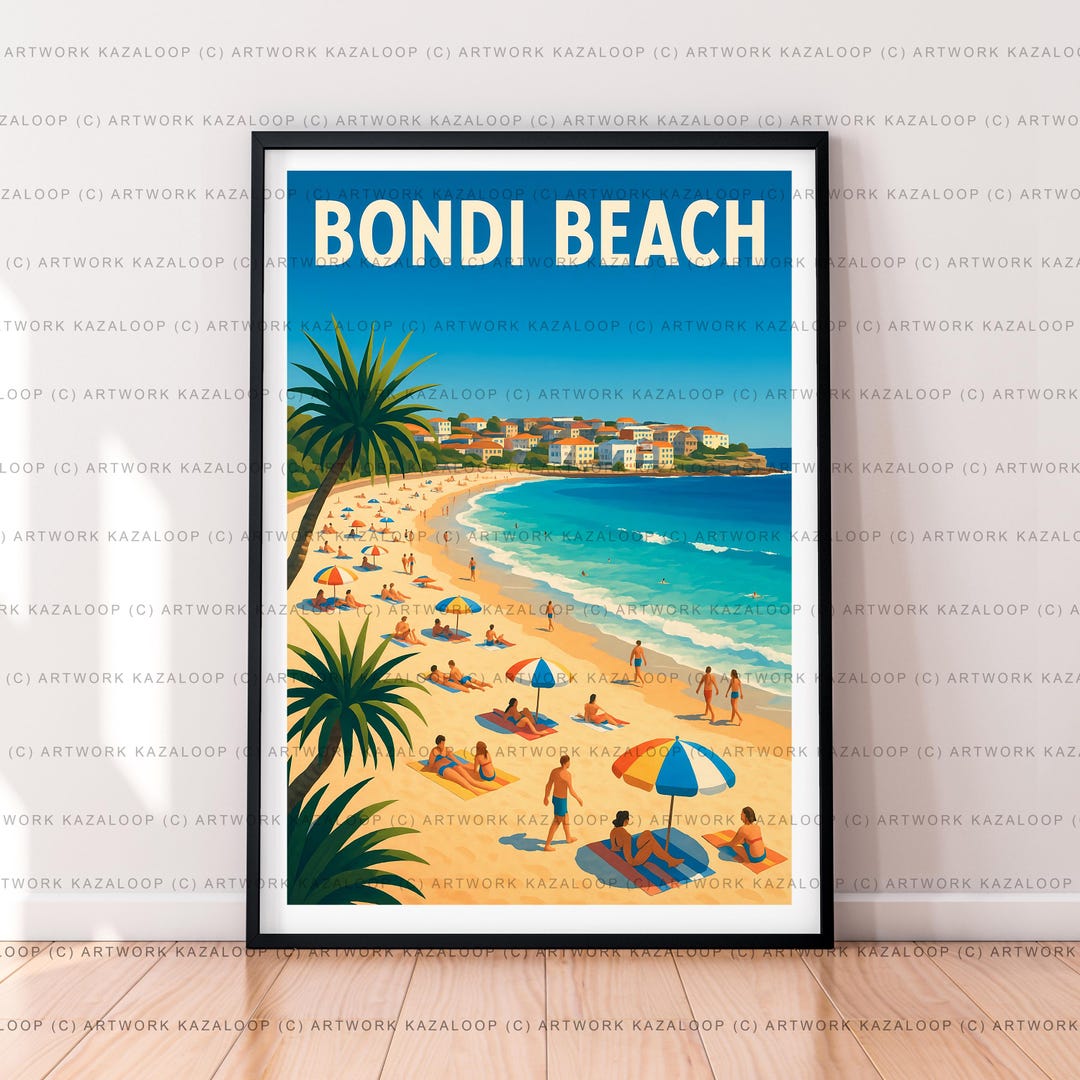 Bondi Beach Australia Unframed Poster Illustration Art With People and ...