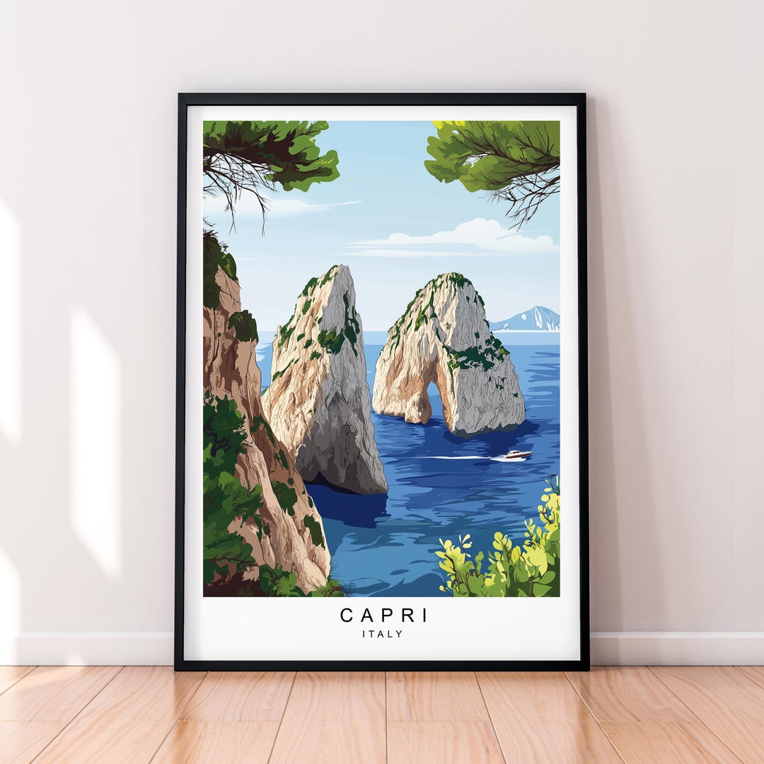 Capri Coastal Travel Print Art Illustration Capri Italy Bay of Naples ...