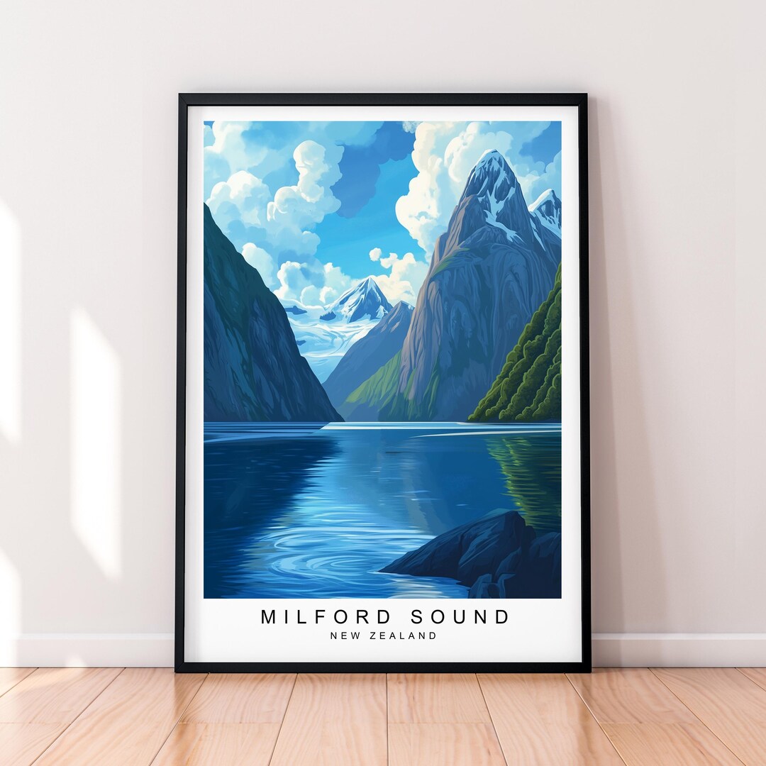 Milford Sound Print Art Illustration Milford Sound New Zealand Travel ...