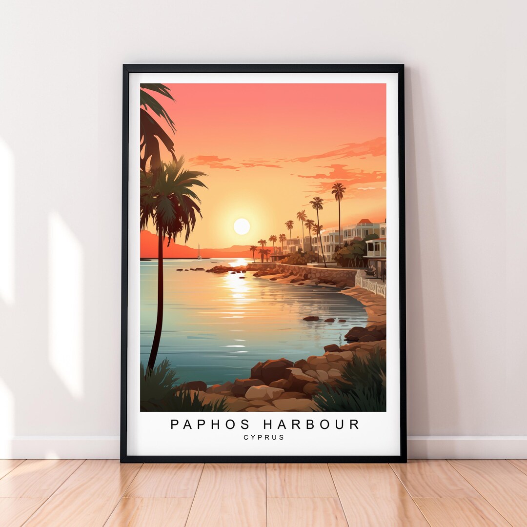 Paphos Harbour Sunset Illustration Print Paphos Harbor Cyprus Poster ...