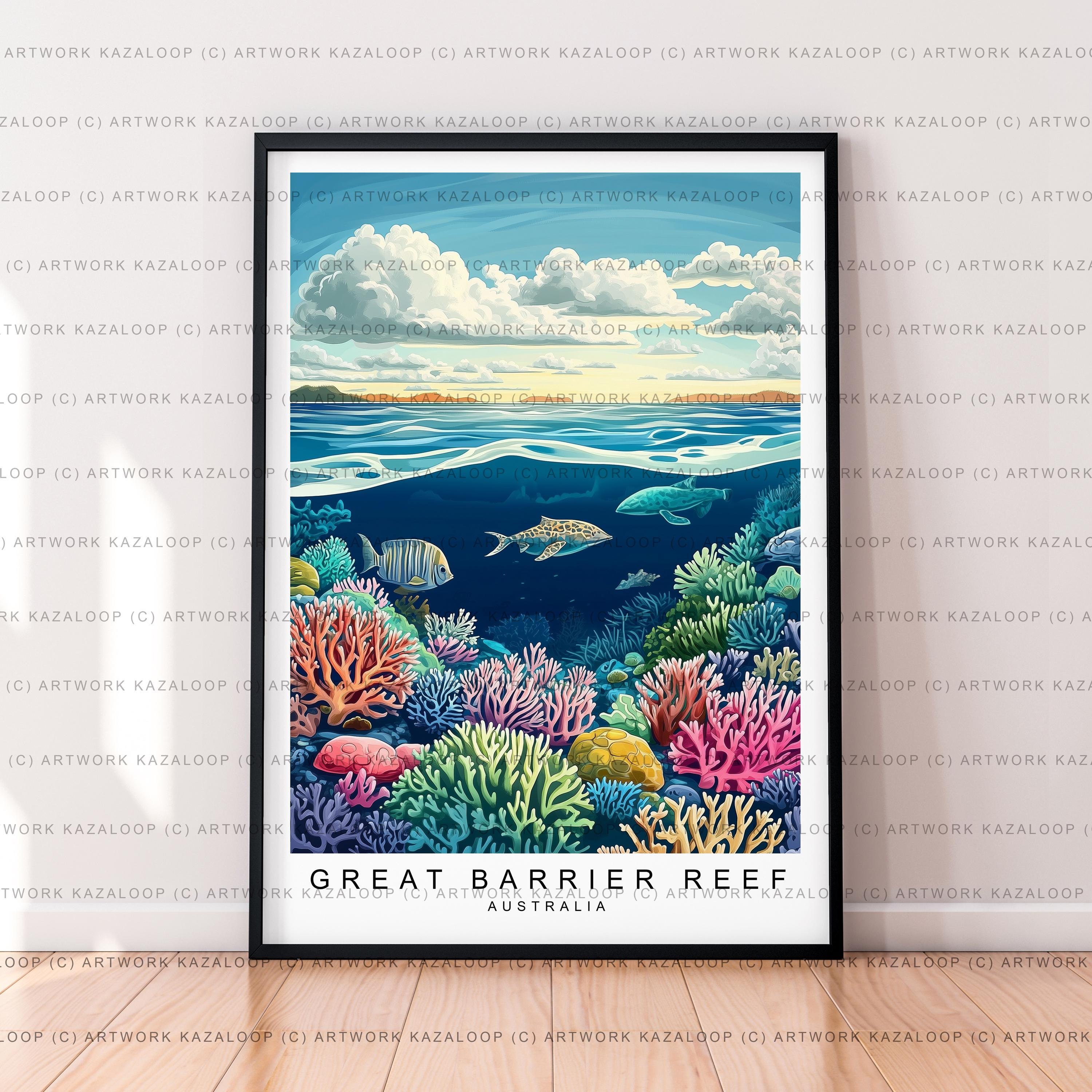 Unframed Great Barrier Reef Poster Illustration Art With Fish and Coral ...