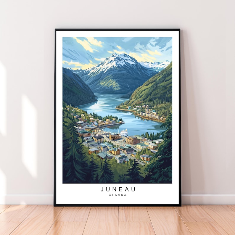 Juneau Alaska Night Aurora Art Print Illustration Juneau Alaska USA ...