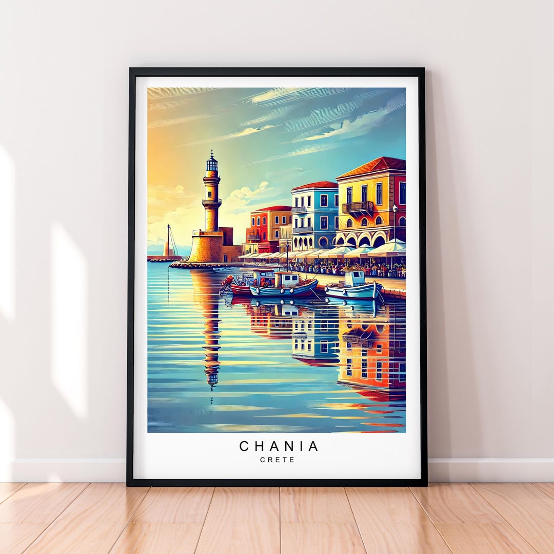 Chania Port Travel Art Illustration Print Chania Crete Poster Wall Art ...