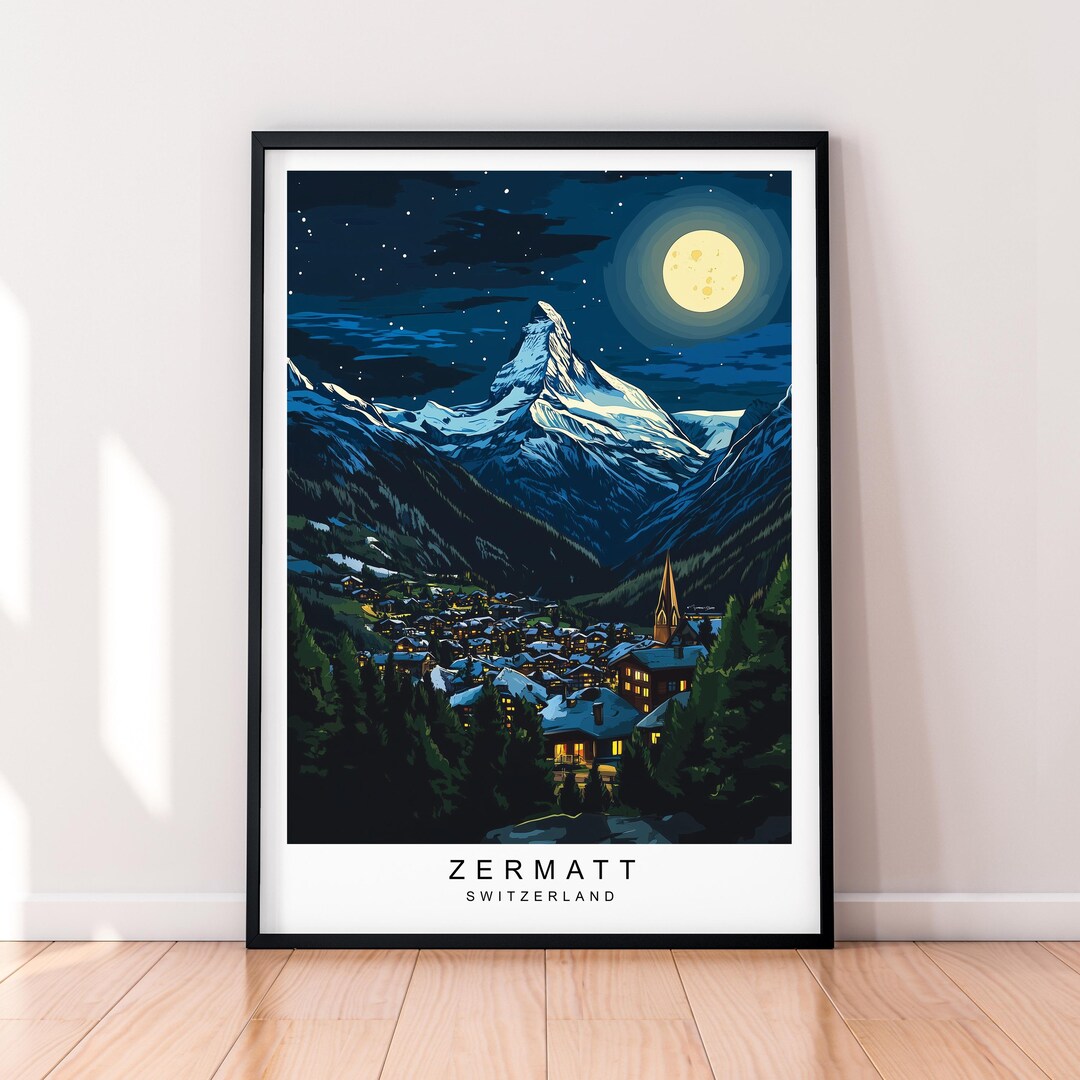 Zermatt Night Art Print Illustration Mountain Zermatt Matterhorn Poster ...