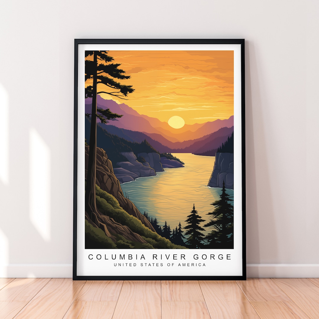 Columbia River Gorge Illustration Print Columbia River Gorge Sunset ...