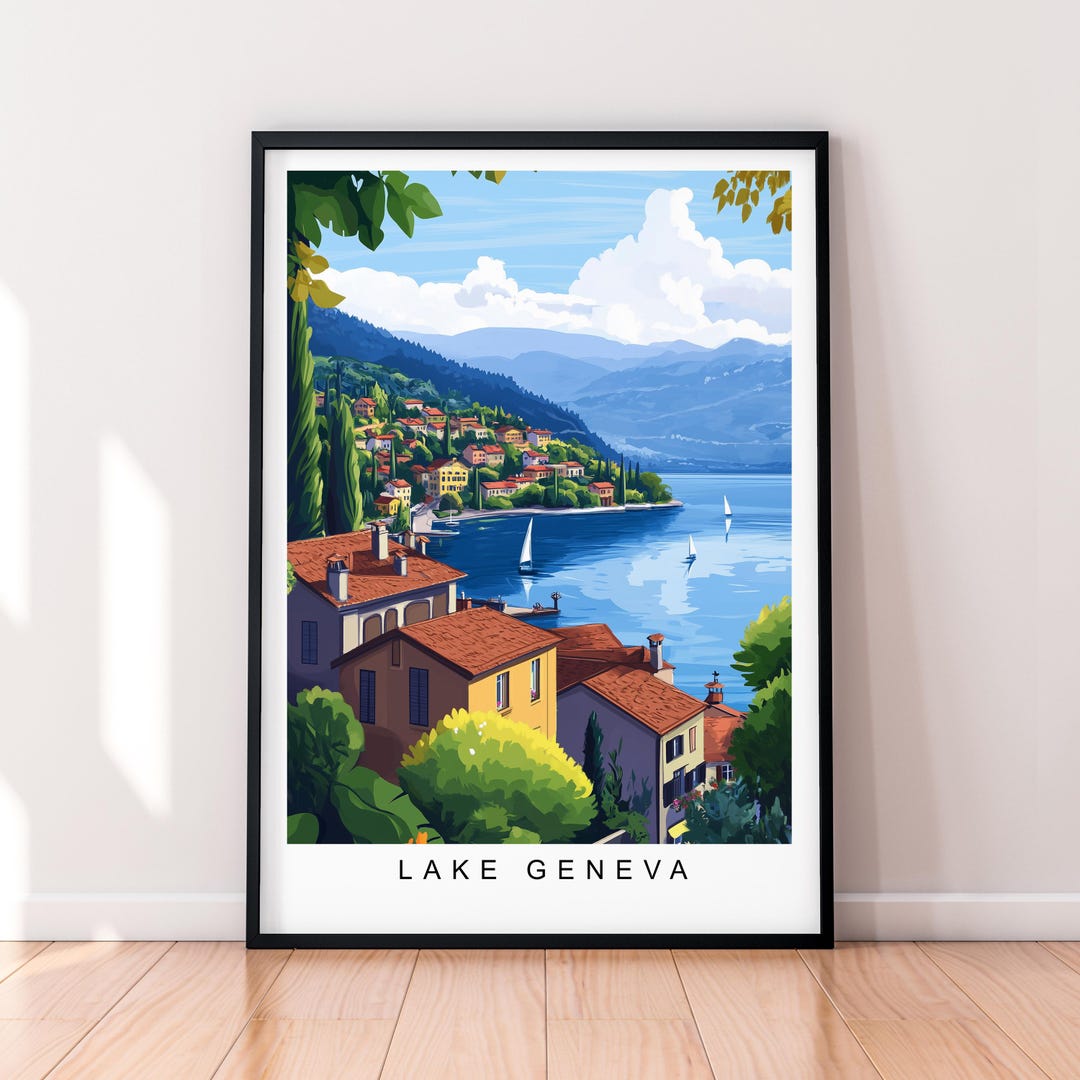 Lake Geneva Art Travel Illustration Print Lake Geneva Switzerland ...