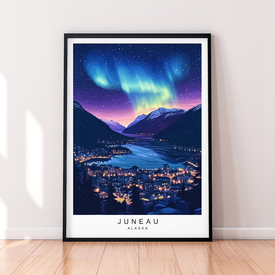 Juneau Alaska Night Aurora Art Print Illustration Juneau Alaska USA ...