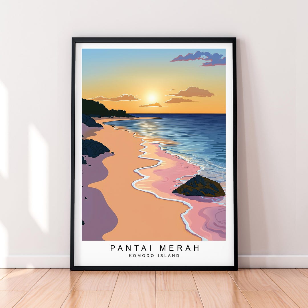 Pantai Merah Pink Beach Sunset Art Print Illustration Pantai Merah ...