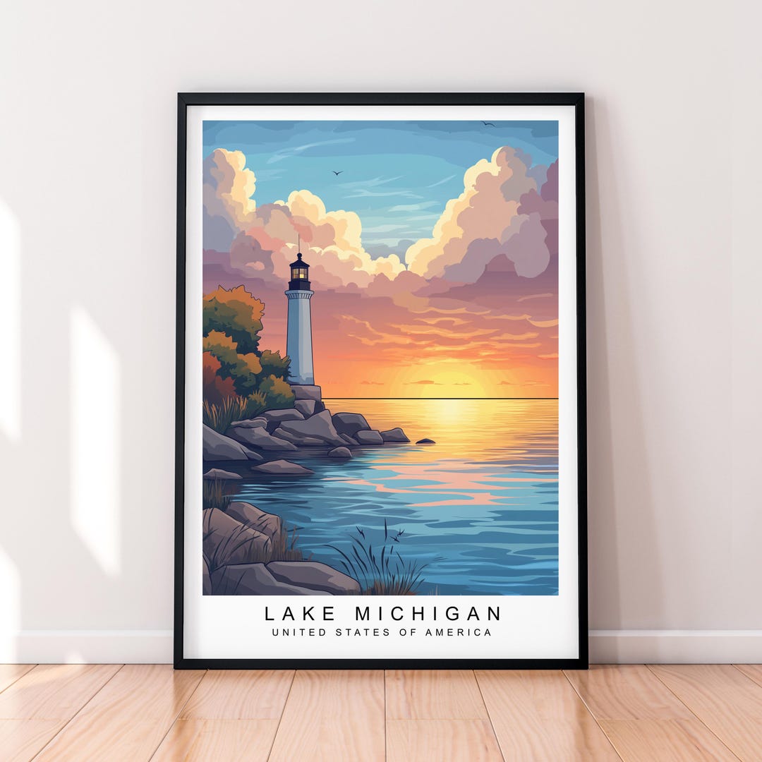 Lake Michigan Beacon Illustration Print Lake Michigan Poster Wall Art ...