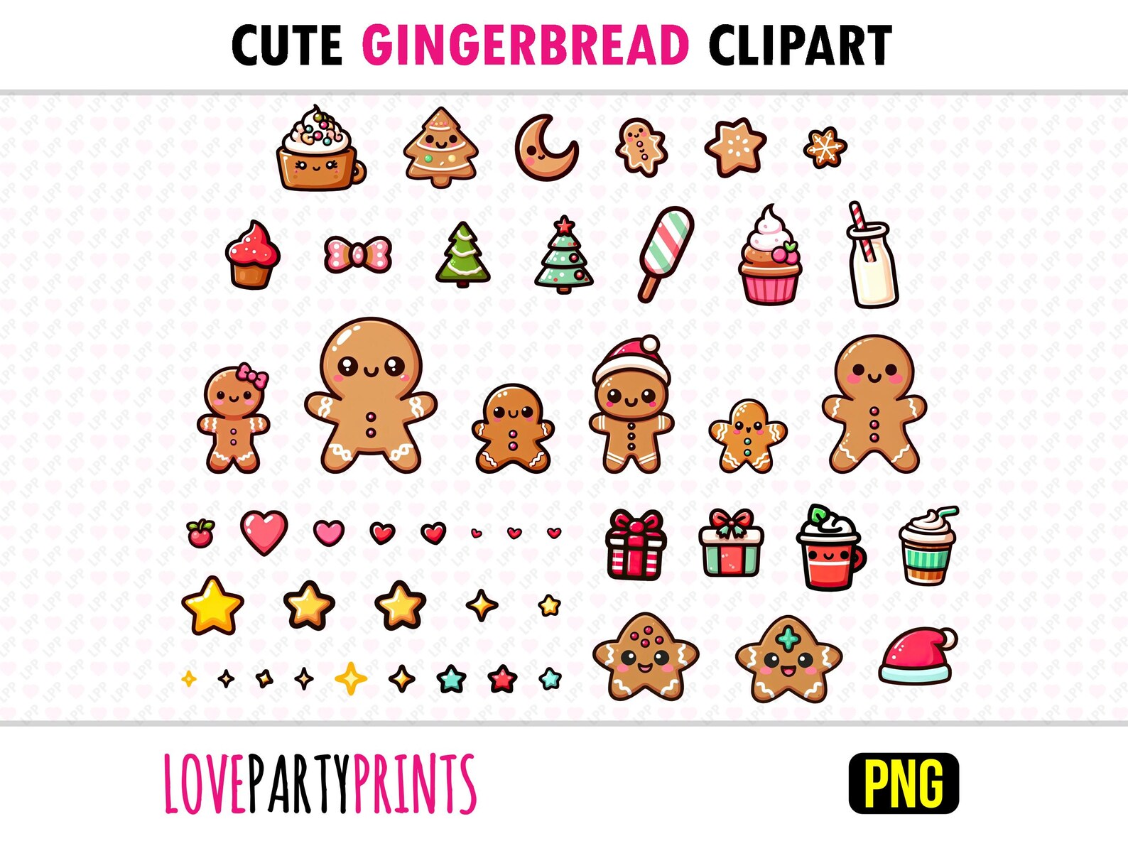 Cute Gingerbread Clipart PNG Bundle, Christmas Kawaii Gingerbread Man ...