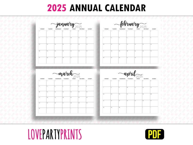 2025 Calendar Printable Annual Yearly PDF Landscape A4 & Letter Size ...