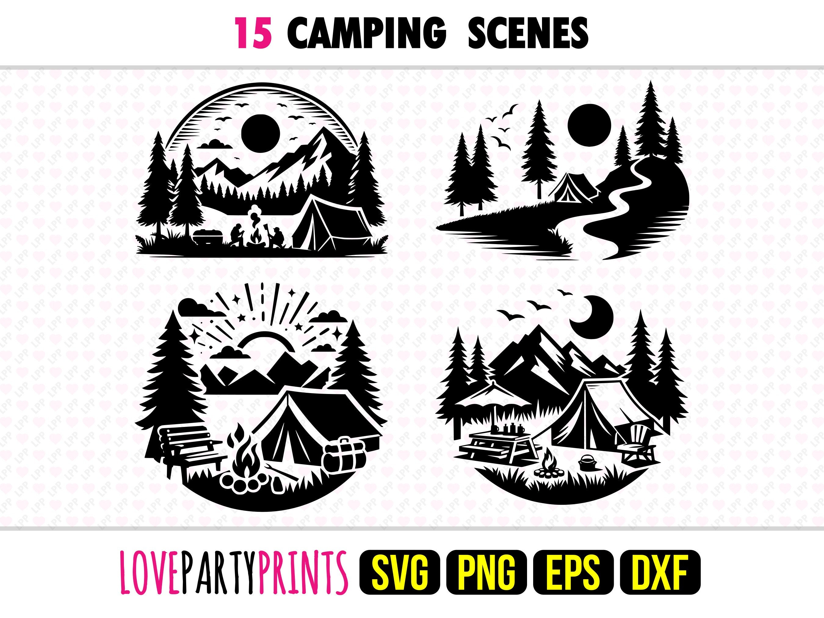 Camping Scene SVG Bundle, PNG, EPS, Dxf, Campfire Scenes, Mountain ...