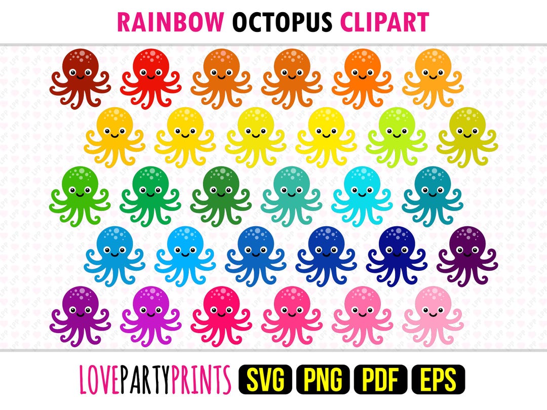Rainbow Octopus Clipart SVG, PNG EPS Pdf, 30 Templates, Cute Colorful ...