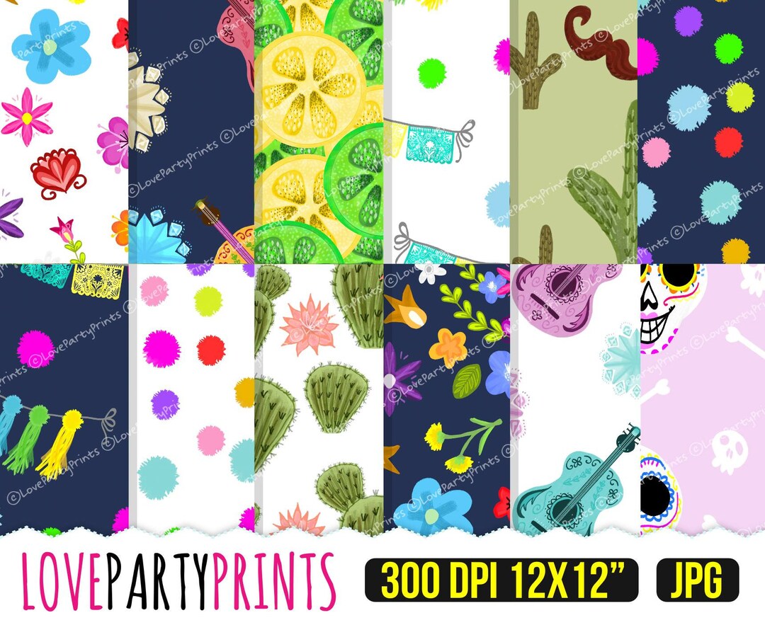 Fiesta Digital Paper, Seamless Patterns, Hand Drawn 12x12" 300dpi, (DP7 ...