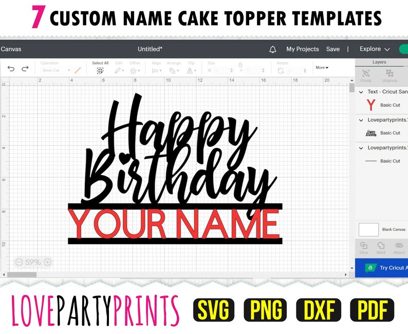 Custom Name Cake Topper SVG Png PDF Dxf, Happy Birthday Topper Template ...
