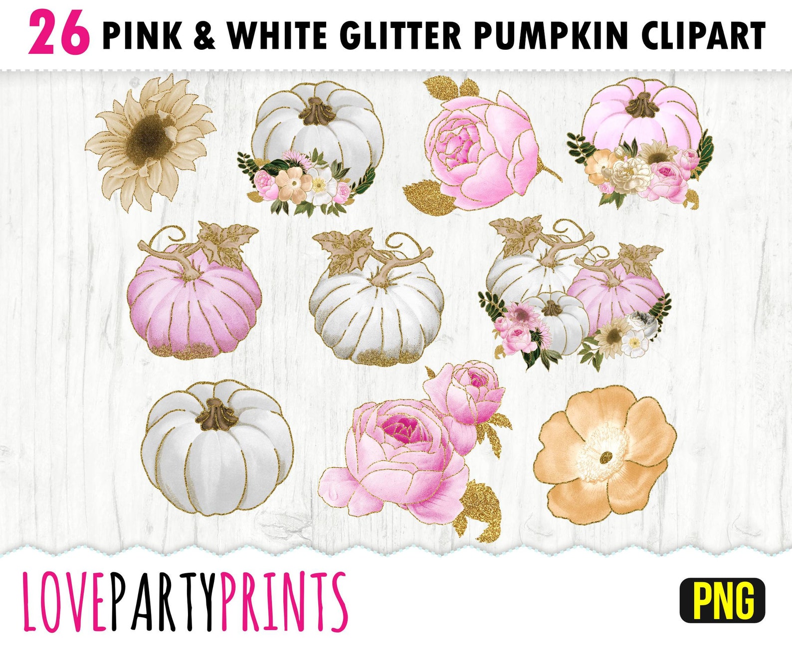 Pink White and Gold Pumpkin Clipart PNG Format Glitter - Etsy