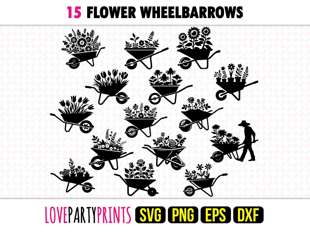 Wheelbarrow SVG Bundle, PNG, EPS, Dxf, Flower Wheelbarrows, Floral ...