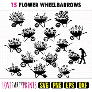 Wheelbarrow SVG Bundle, PNG, EPS, Dxf, Flower Wheelbarrows, Floral ...