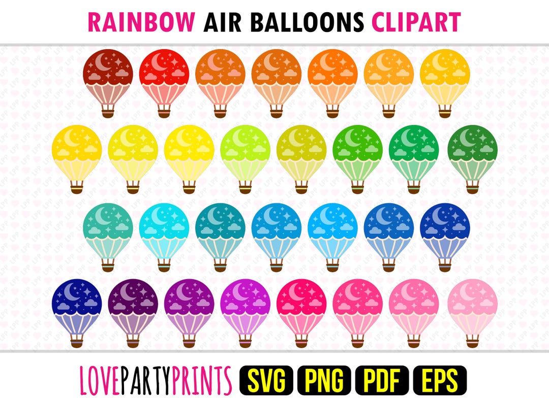 Kids Hot Air Balloons Clipart SVG, PNG EPS Pdf, 30 Rainbow Templates ...