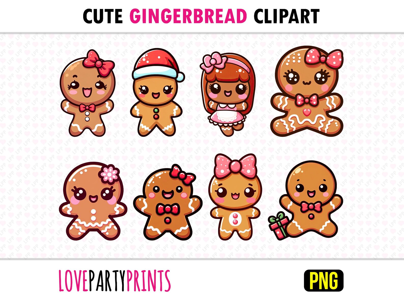 Cute Gingerbread Clipart PNG Bundle, Christmas Kawaii Gingerbread Man ...