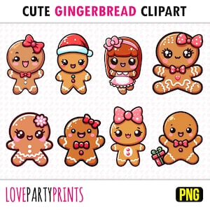 Cute Gingerbread Clipart PNG Bundle, Christmas Kawaii Gingerbread Man ...