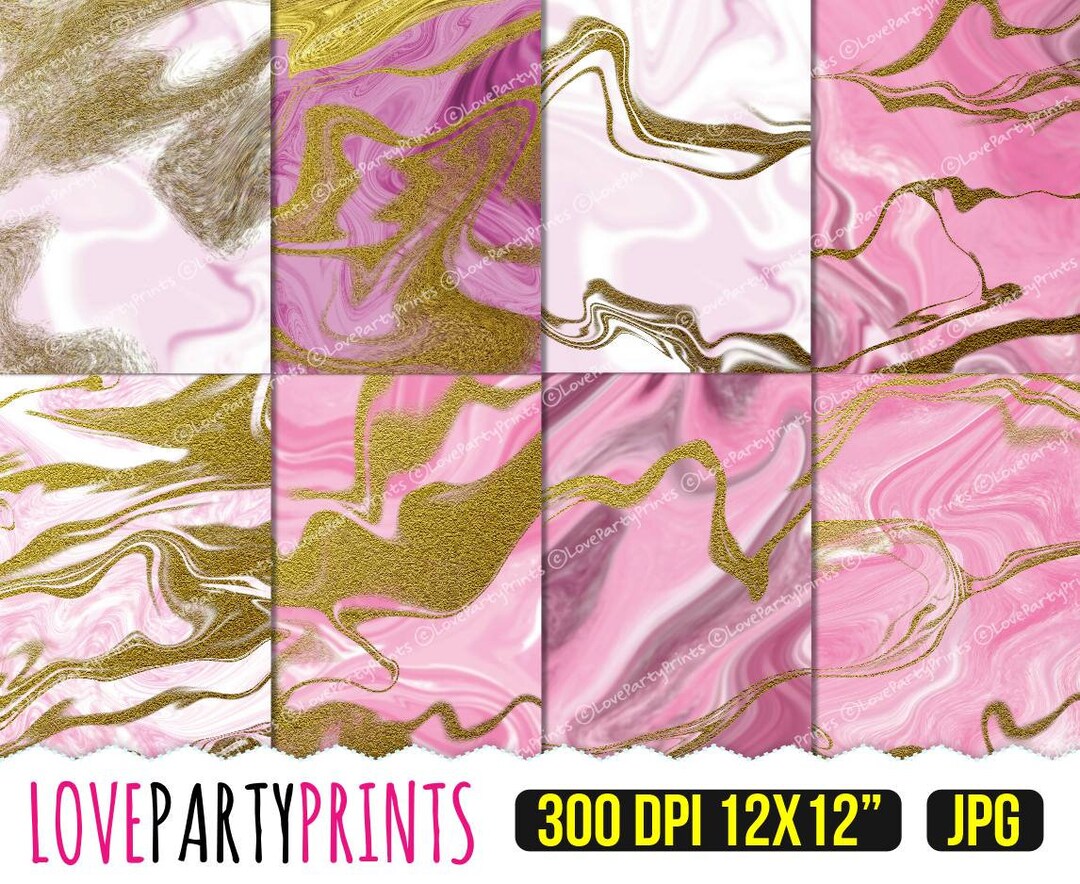 Pink and Gold Marble Digital Paper, 12x12" JPG 300dpi, Pink and Gold ...
