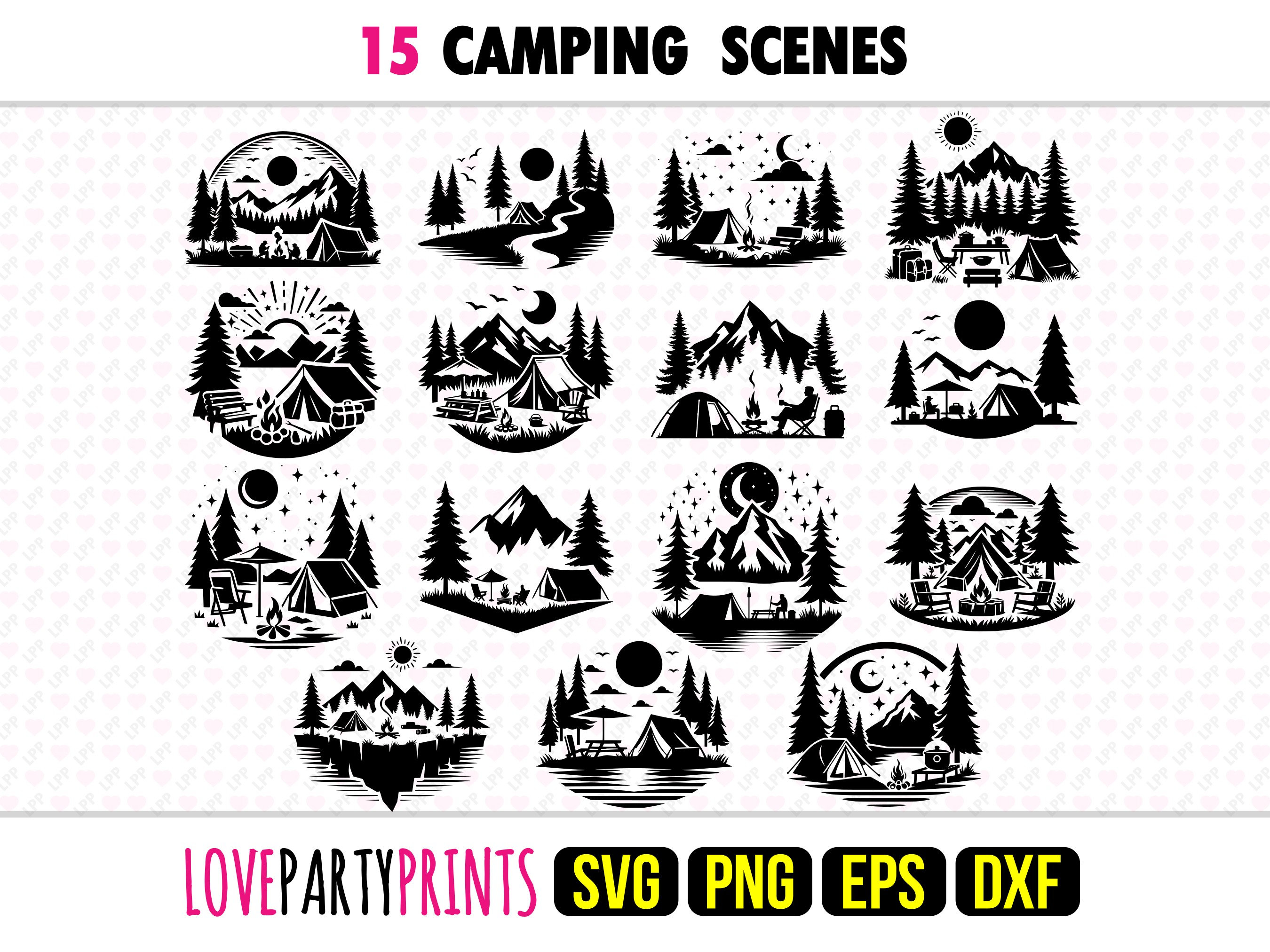 Camping Scene SVG Bundle, PNG, EPS, Dxf, Campfire Scenes, Mountain ...