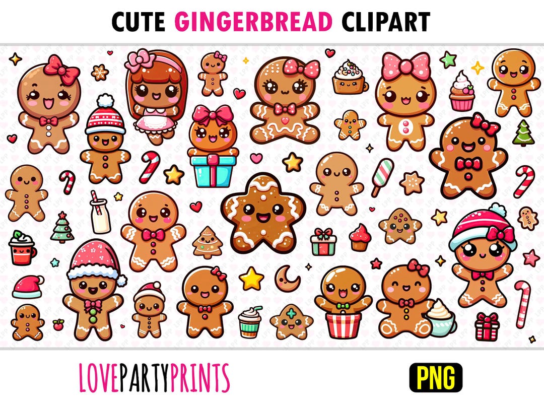 Cute Gingerbread Clipart PNG Bundle, Christmas Kawaii Gingerbread Man ...