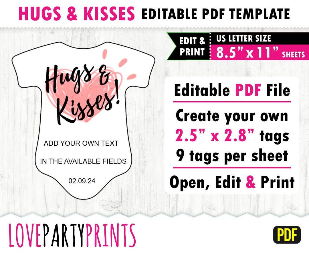Editable PDF Baby Shower Favor Tags Hugs & Kisses Favour Gift - Etsy