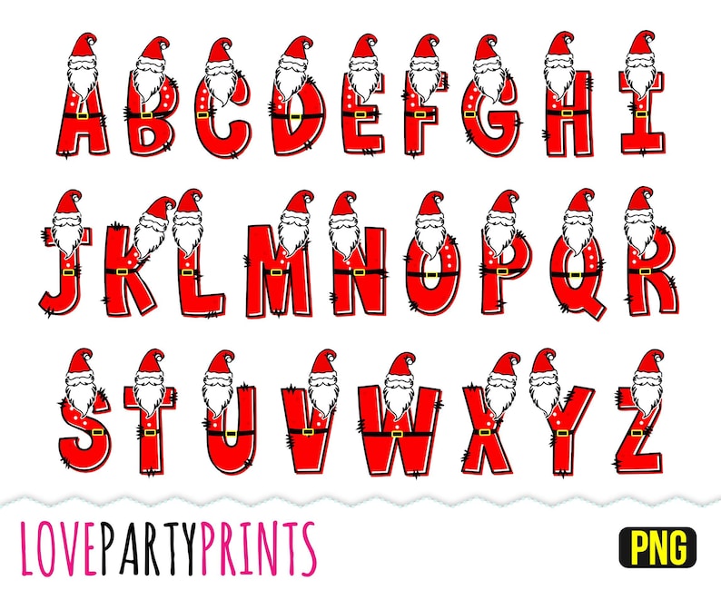 Santa Doodle Letters Numbers PNG Font Uppercase & Lowercase - Etsy